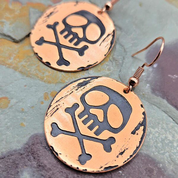 Skull and Crossbones, Handmade Copper Earrings - GaleForce Design Jewelry